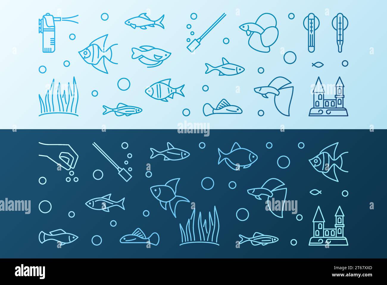 Aquarium vector colored horizontal banners made with fish and equipment ...