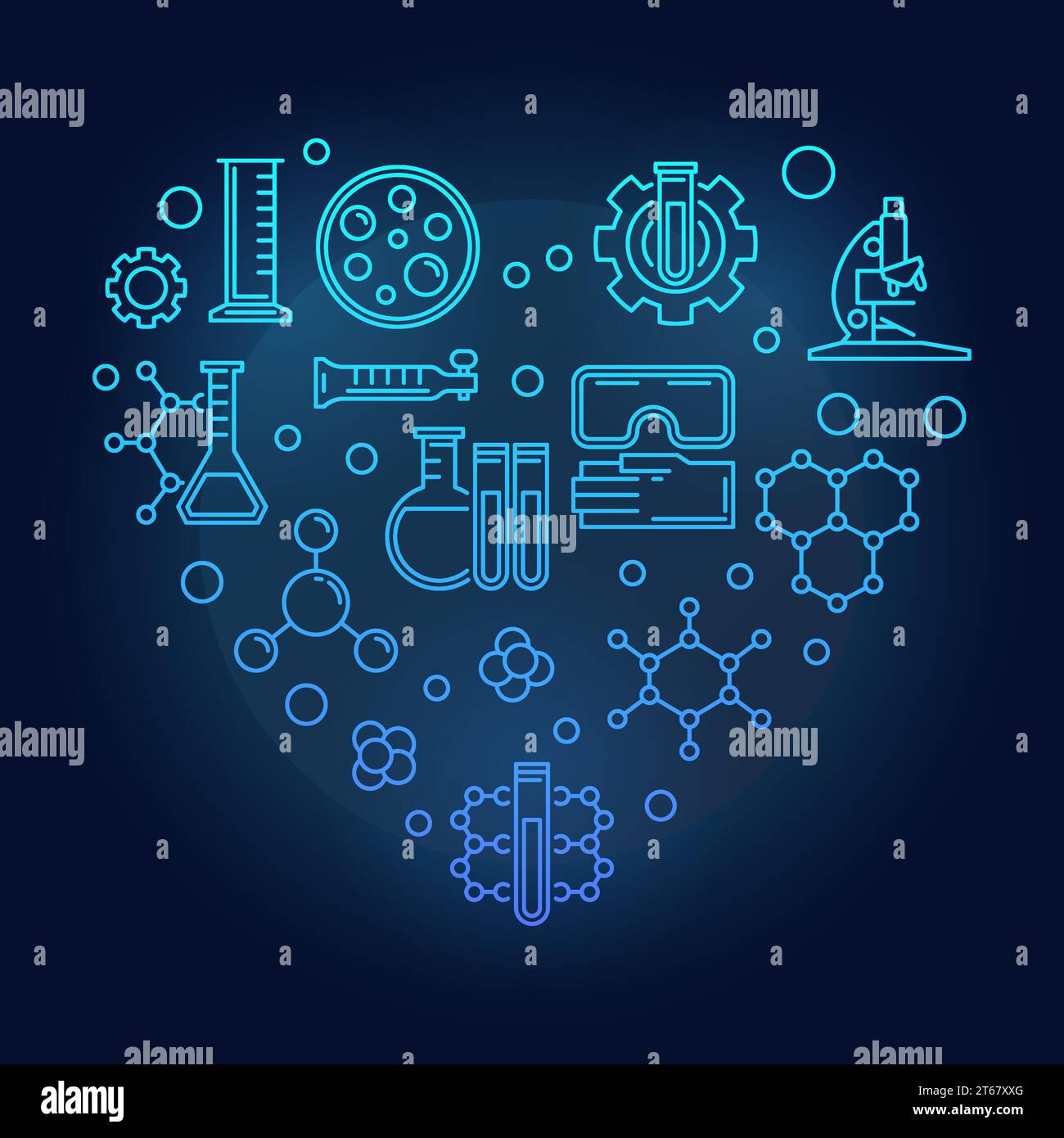 Chemistry icons in heart shape vector blue illustration in thin line ...