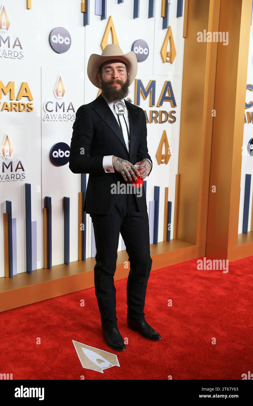 Post Malone arrives at the 57th CMA Awards at Bridgestone Arena in ...