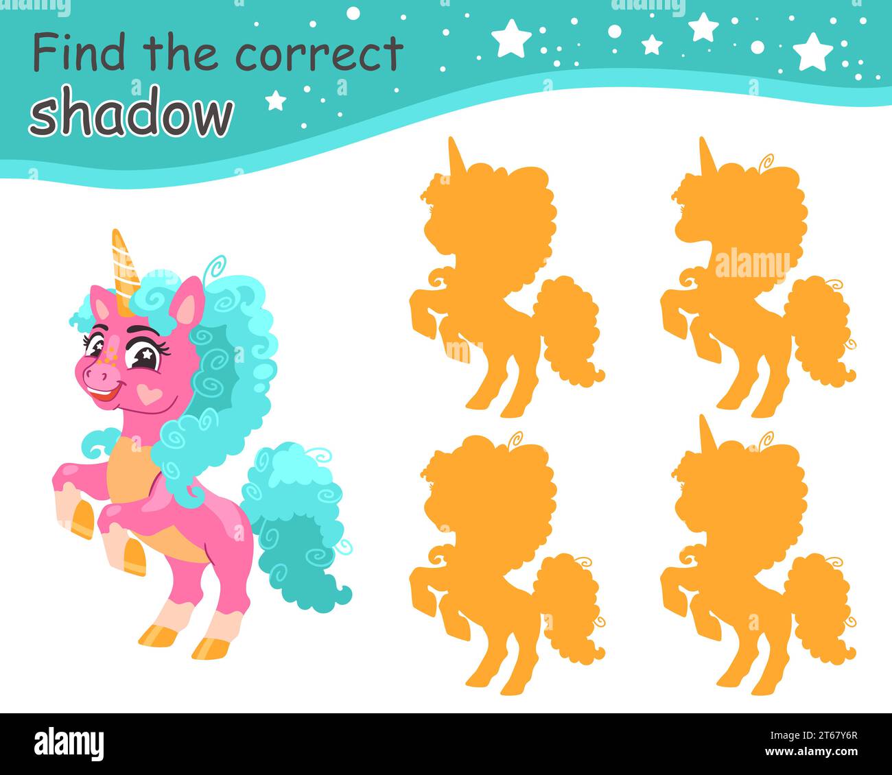 Find the correct shadow. Cute cartoon unicorn with curly mane ...