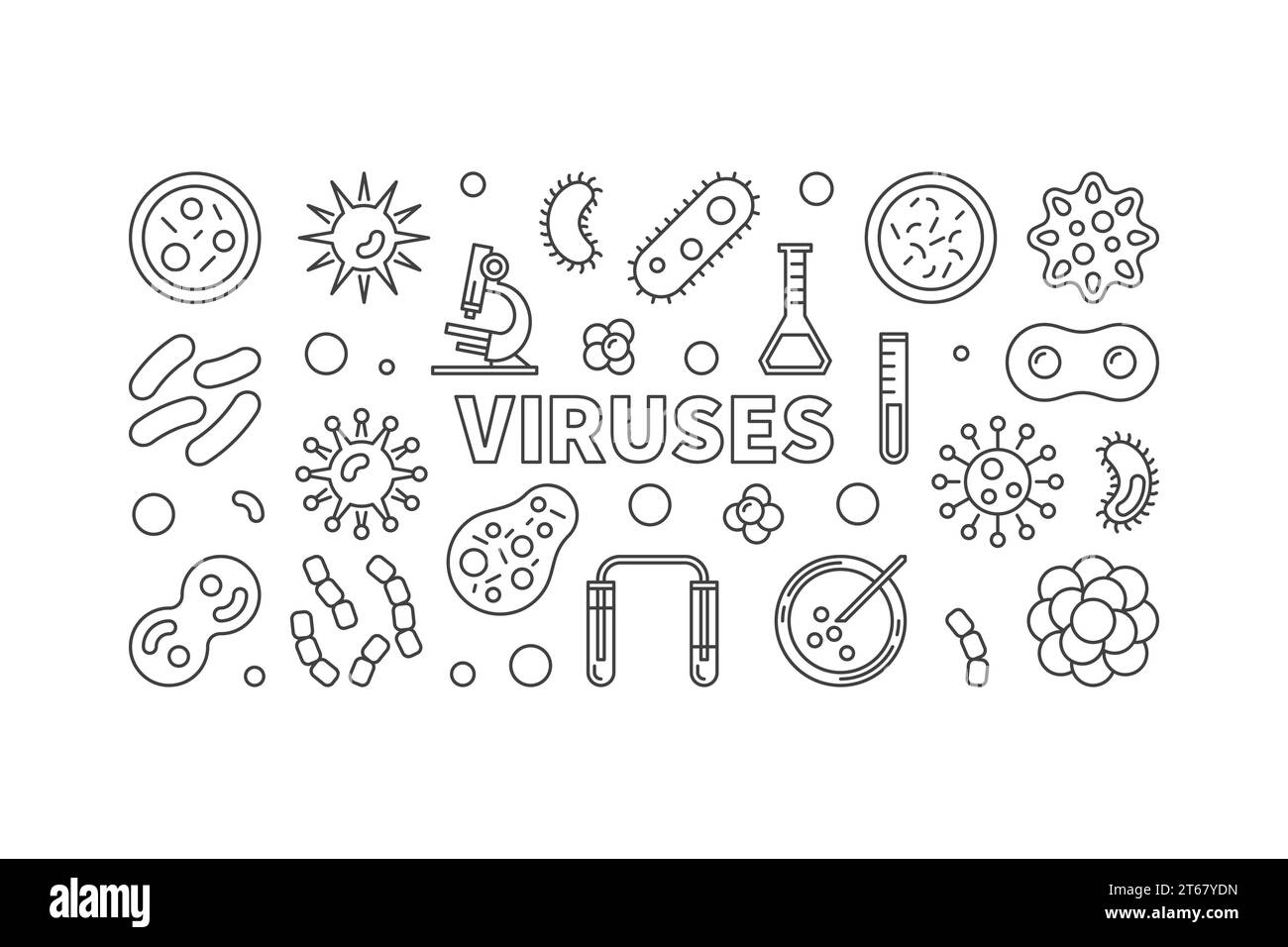 Viruses horizontal linear illustration. Vector concept banner made with ...