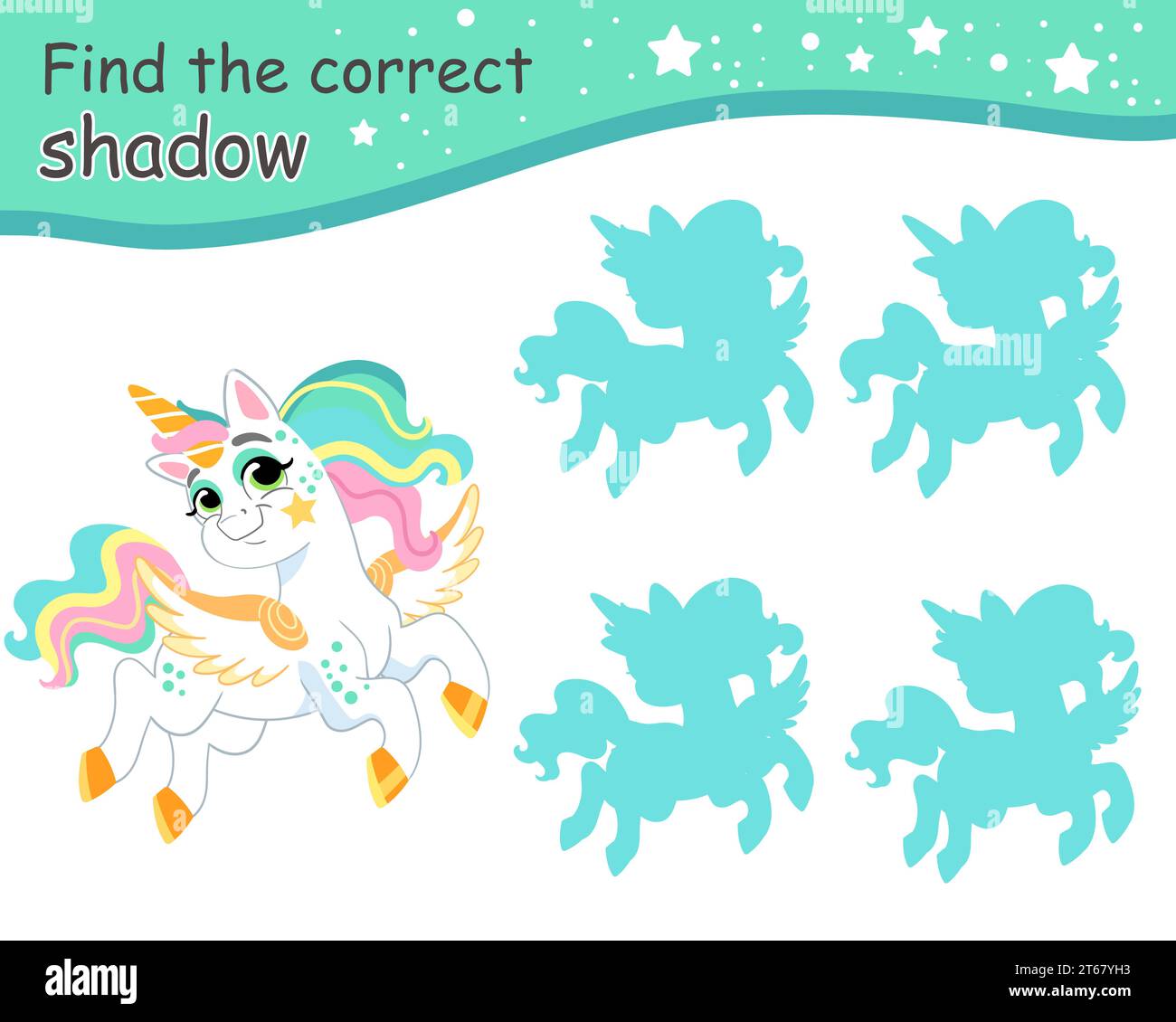 Find the correct shadow. Cute cartoon playful unicorn. Educational ...