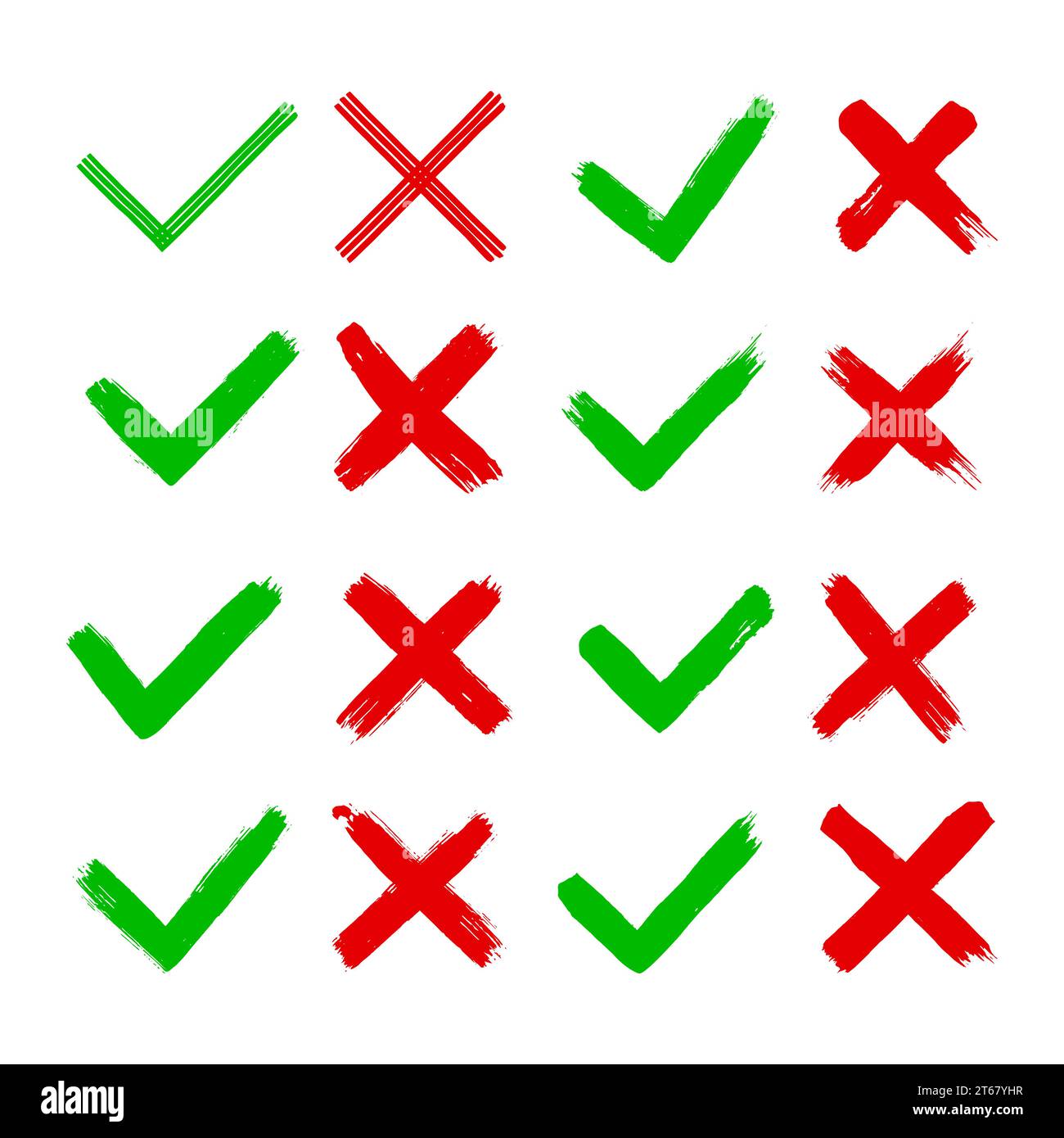 Dirty grunge hand drawn with brush strokes cross X and tick OK check ...