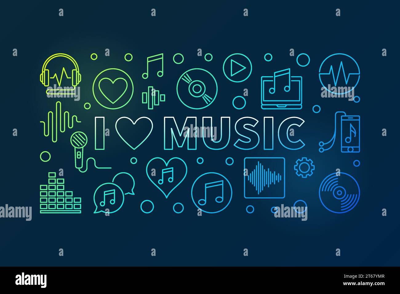 I Love Music vector colored horizontal illustration or banner in thin ...