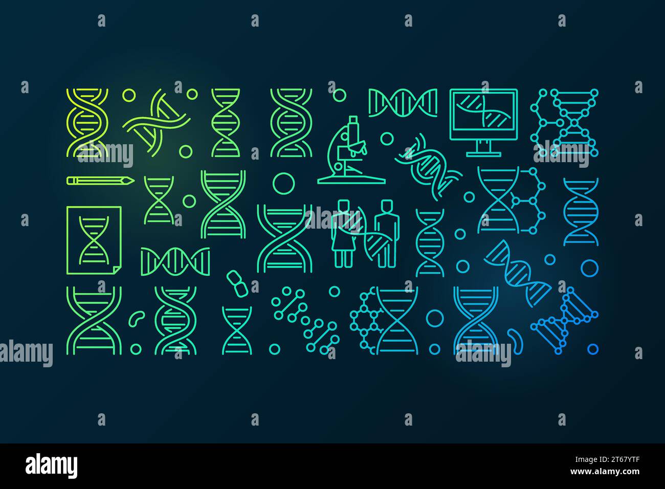 DNA molecule colorful vector illustration in thin line style on dark ...