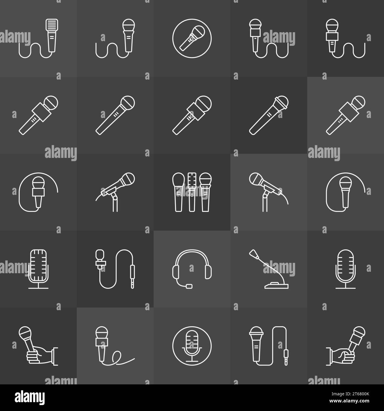 Vector microphone icons collection. Linear mic symbols on dark ...