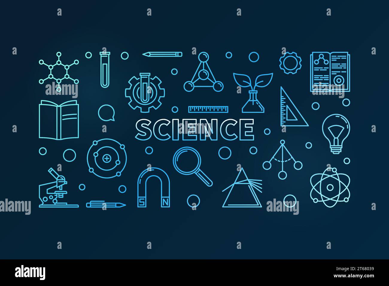 Science modern horizontal vector blue illustration in outline style on ...