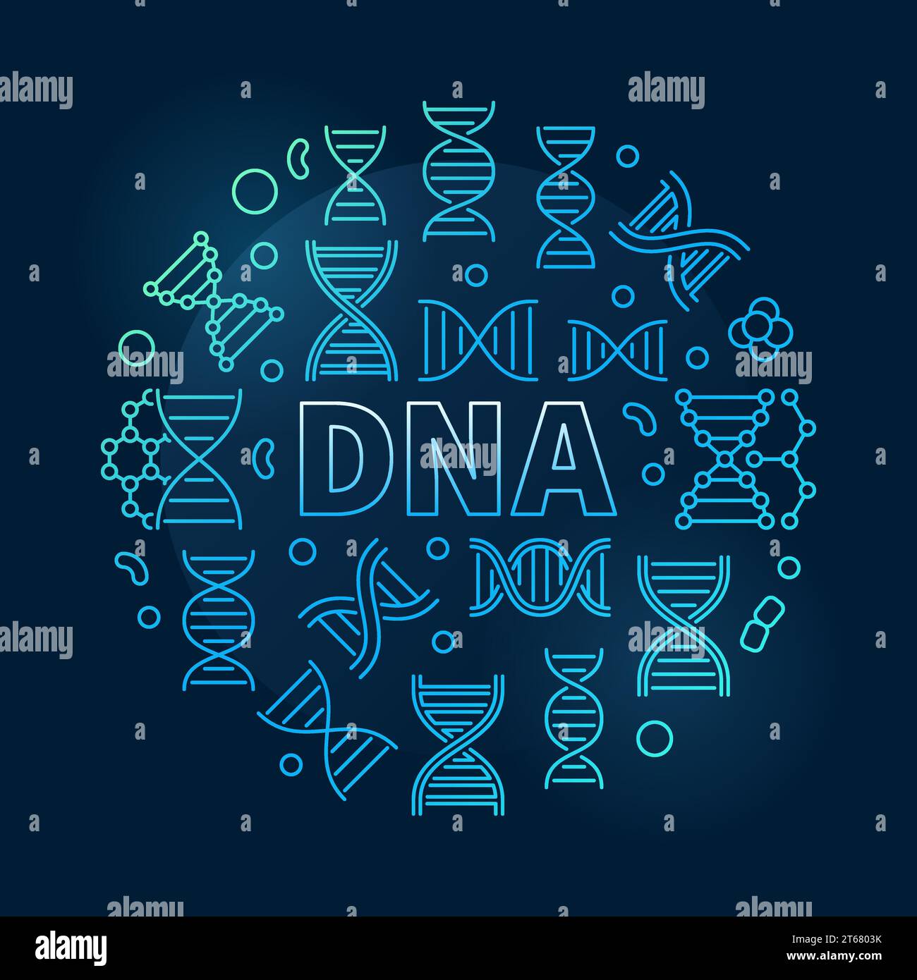 DNA round vector science blue illustration in linear style on dark ...