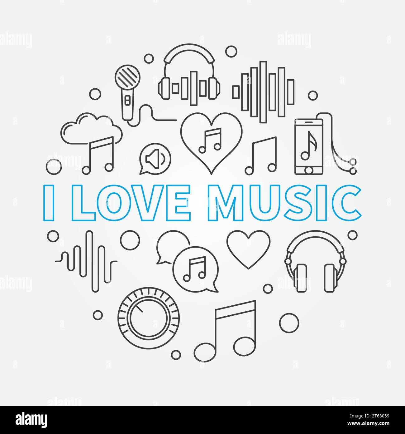 I Love Music vector round illustration made with music outline concept ...