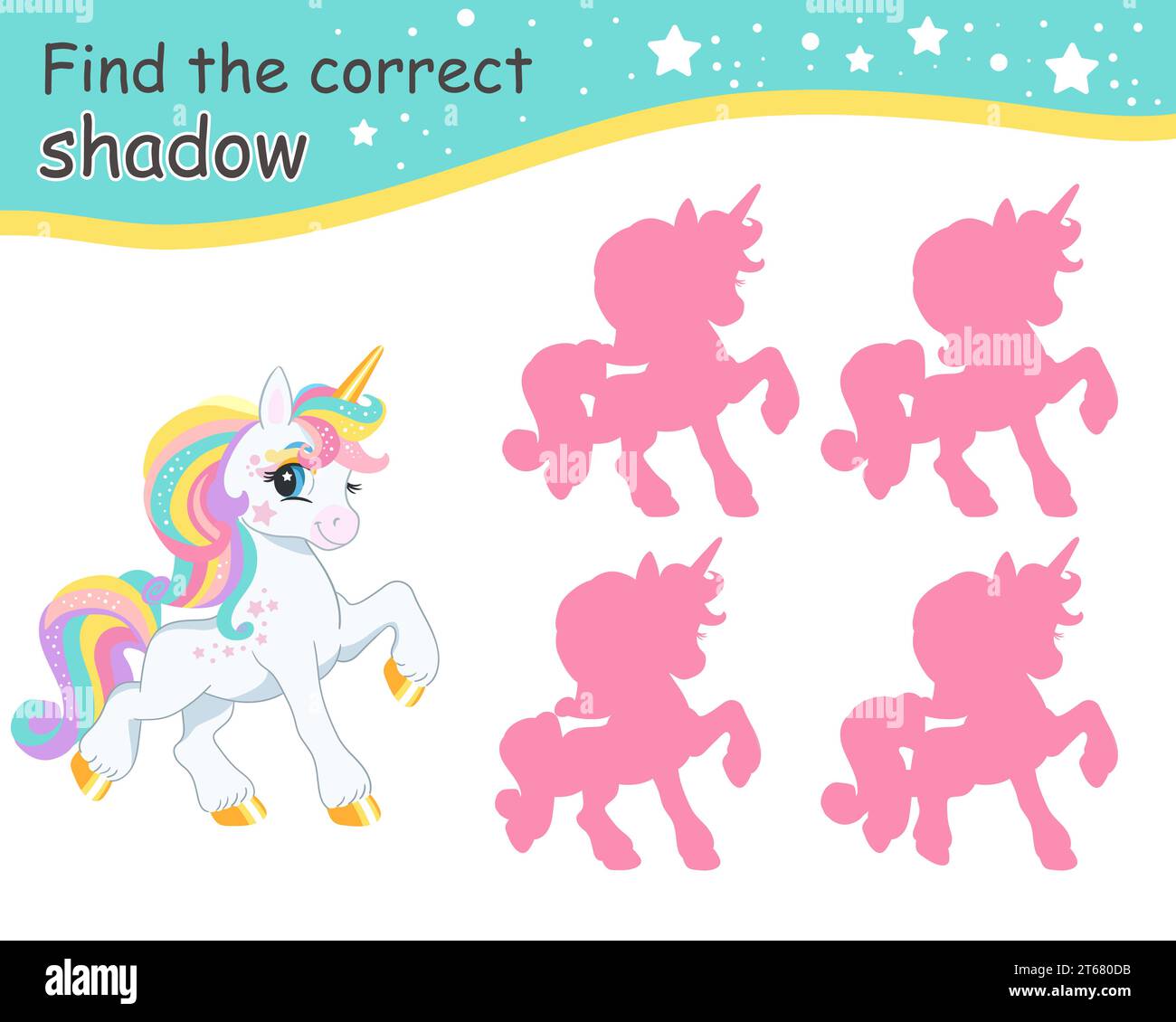 Find the correct shadow. Cute cartoon long mane white unicorn ...