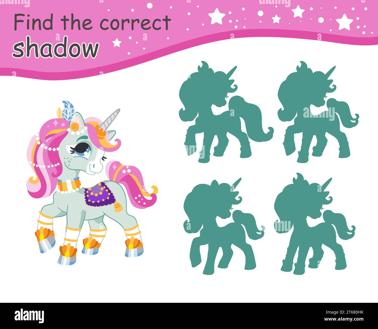 Find the correct shadow. Cute cartoon coquettish unicorn. Educational ...