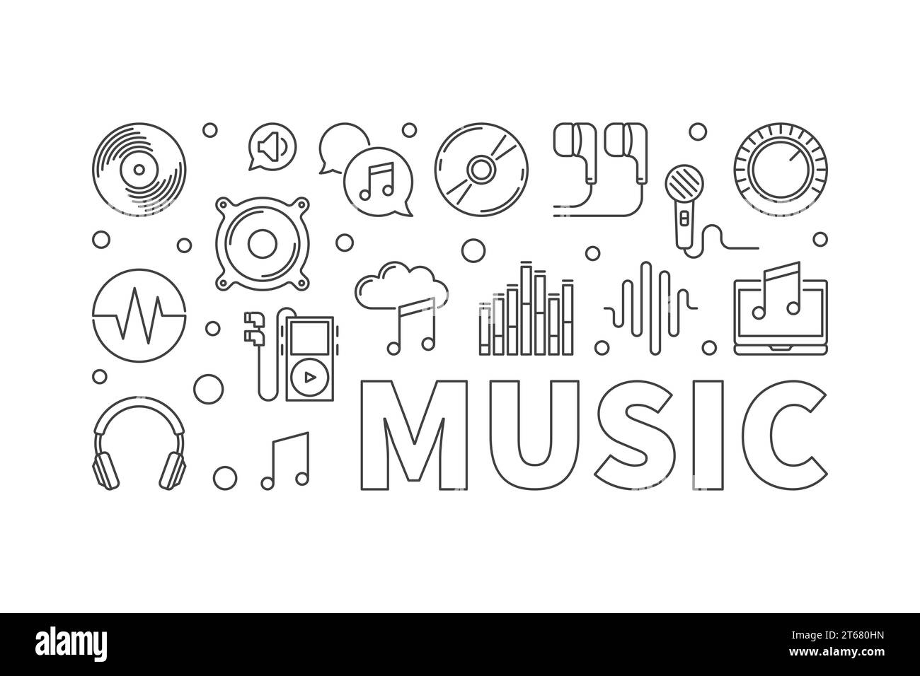 MUSIC modern vector horizontal illustration or banner in thin line ...