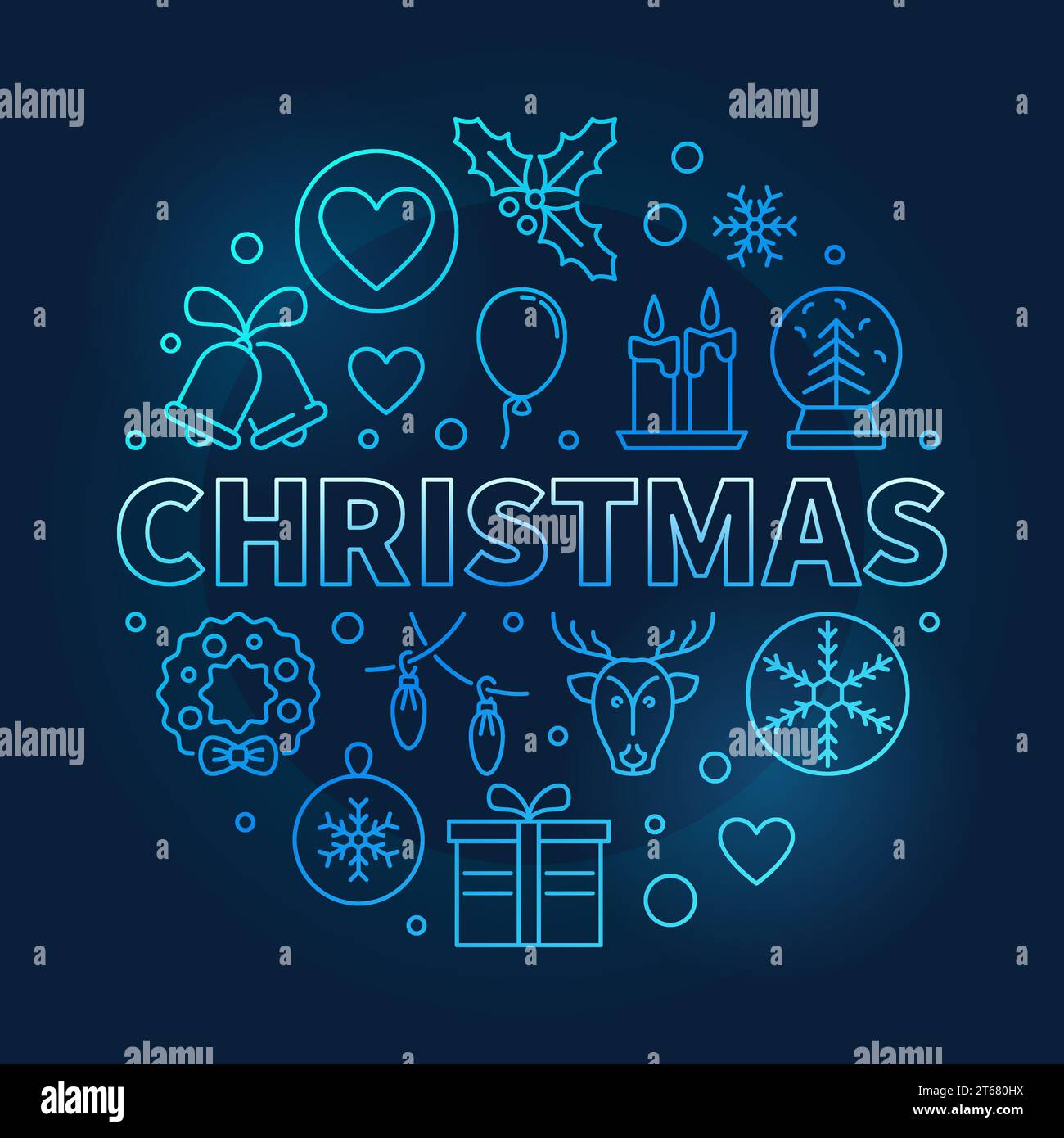 Christmas round vector blue outline symbol. Xmas minimal illustration ...
