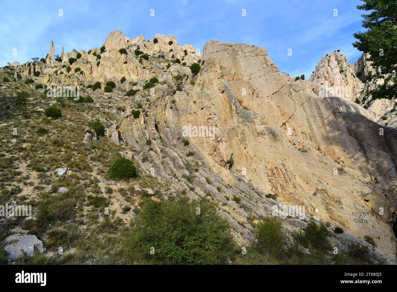Vertical limestone rock strata. Aliaga Geopark, Teruel province, Aragon ...