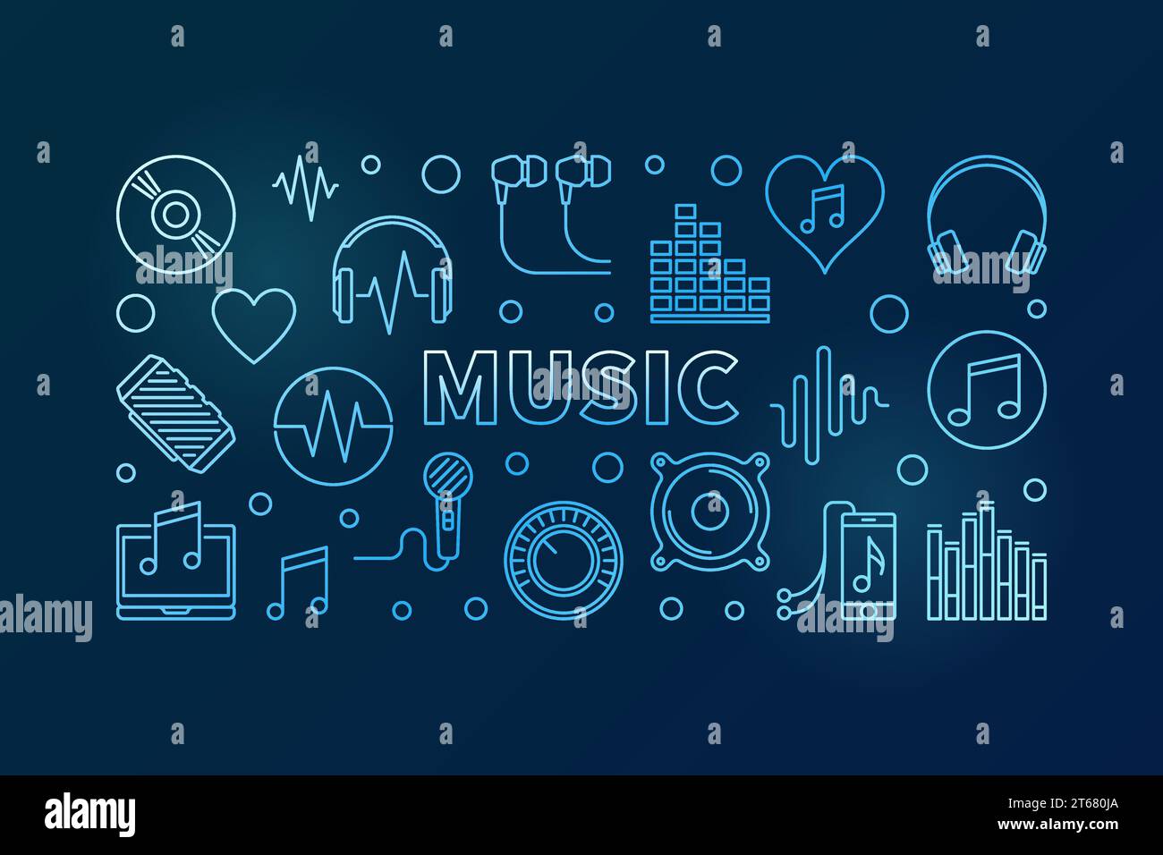 Music vector blue horizontal illustration or banner made with outline ...