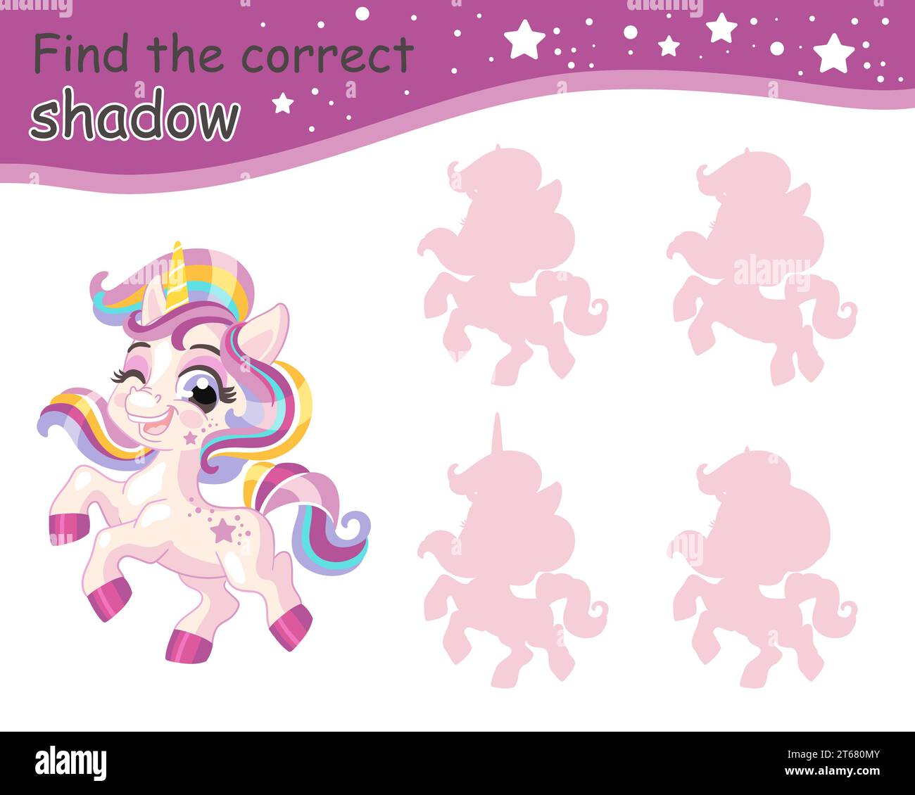 Find the correct shadow. Cute cartoon joyful baby unicorn. Educational ...