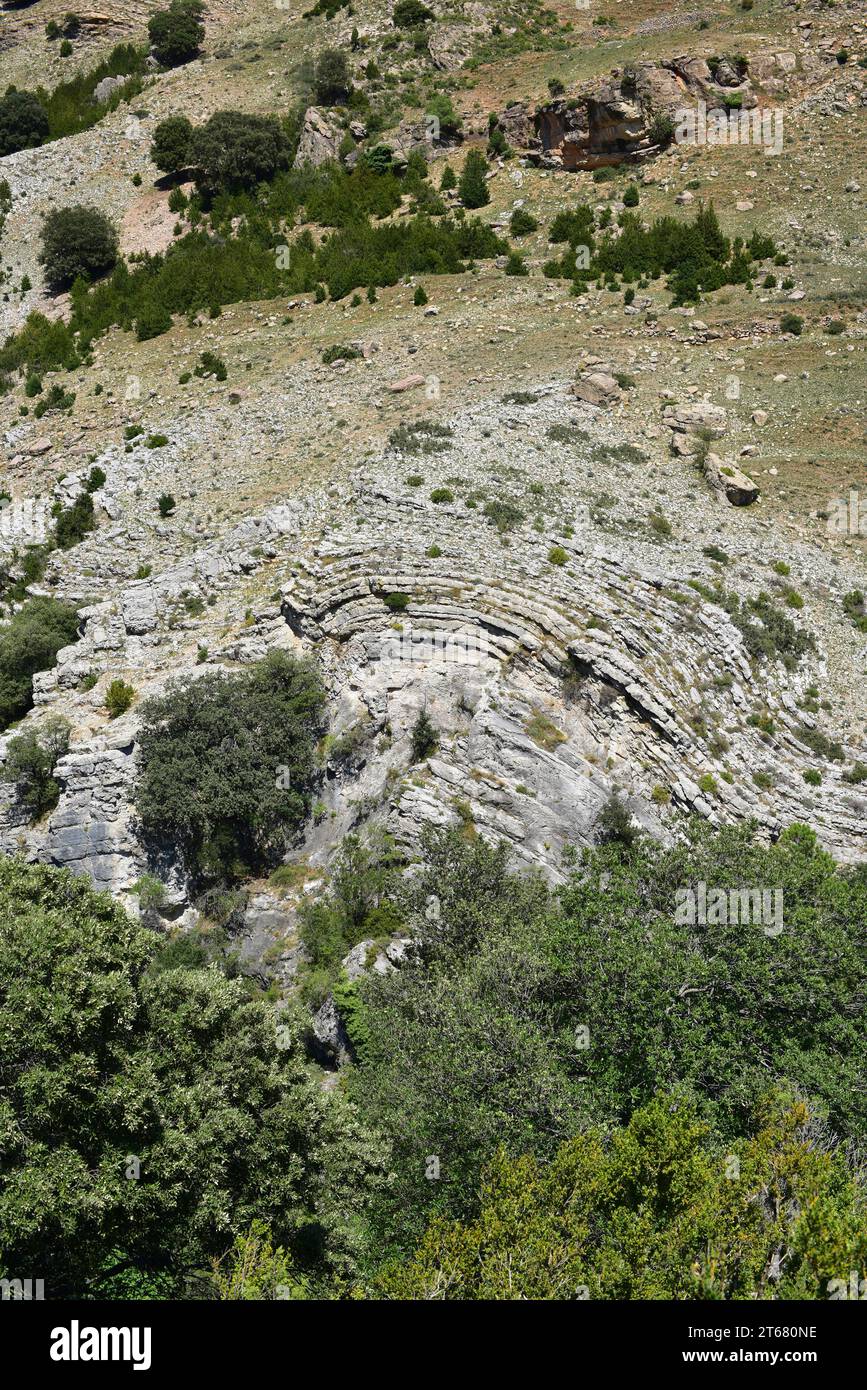 Anticline fold and fault. Ports de Tortosa-Beseit, Tarragona province ...