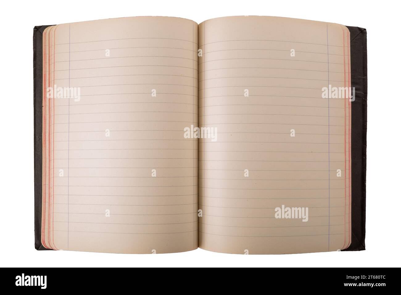 Antique open notebook with lines on pages yellowed by time, isolated on ...