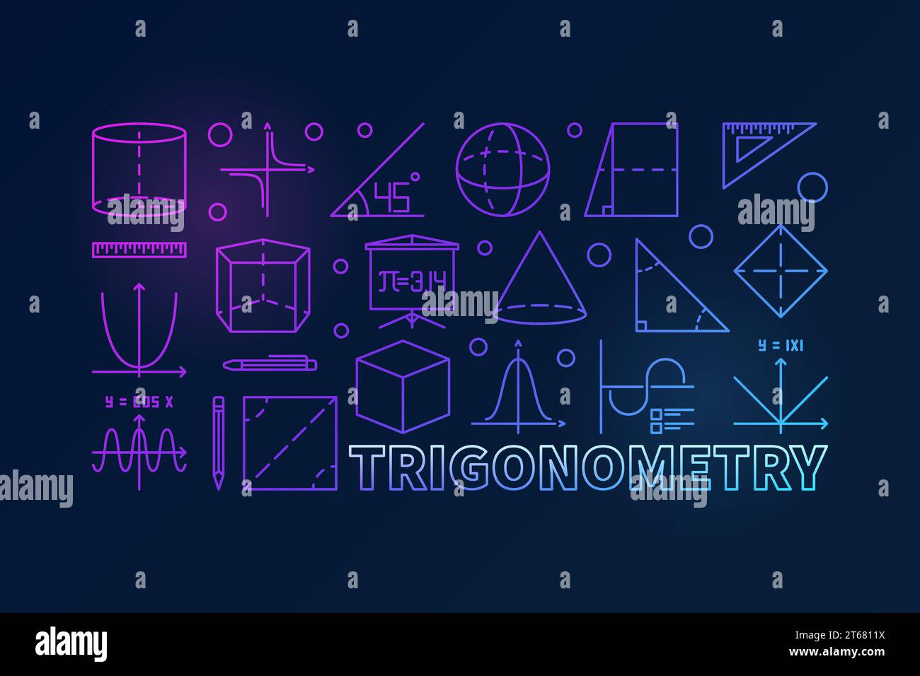 Trigonometry and math colorful illustration or banner in line style on ...
