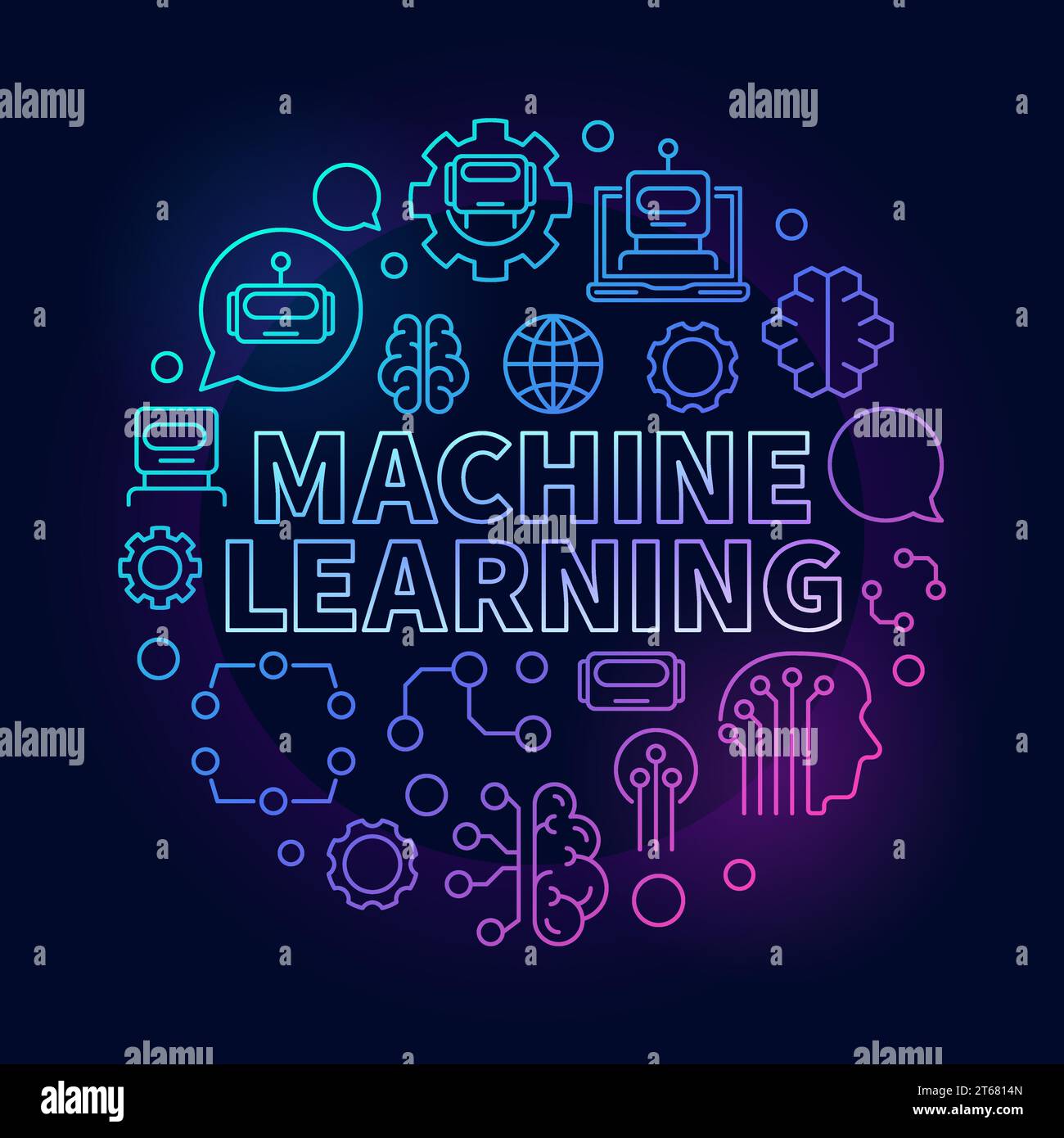 Machine learning colorful vector circular line illustration on dark ...