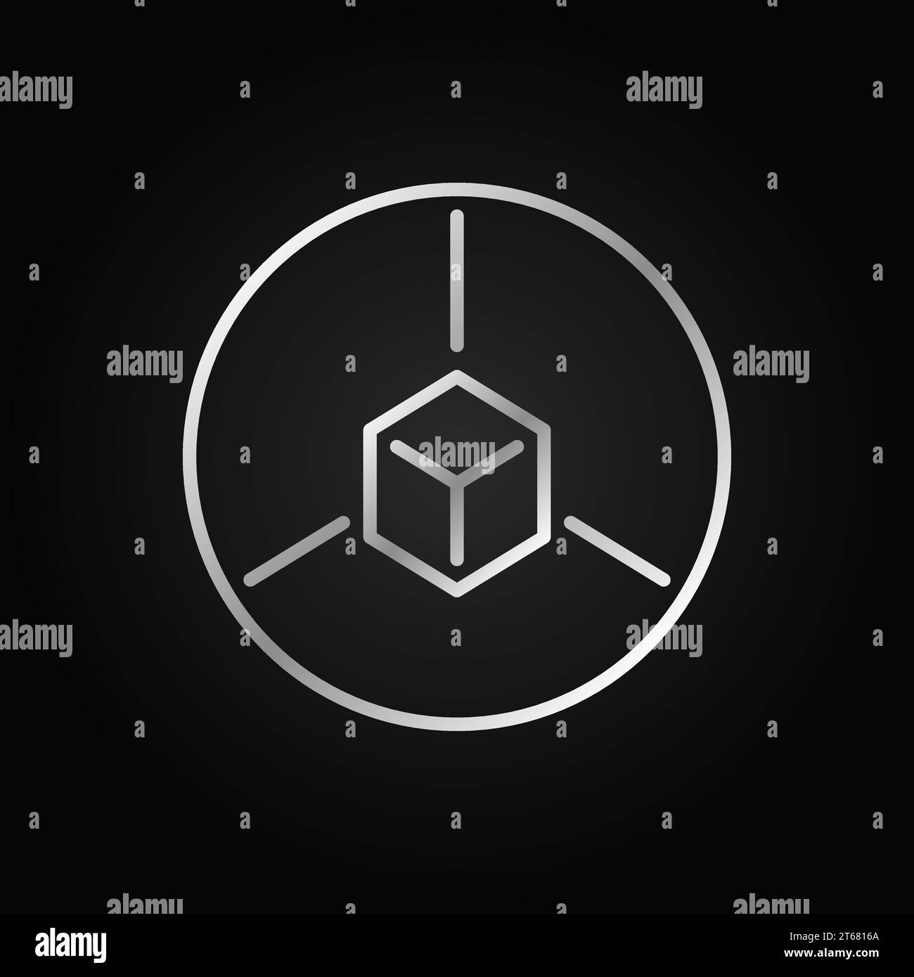 Cube in circle outline silver icon. Vector augmented reality sign or ...