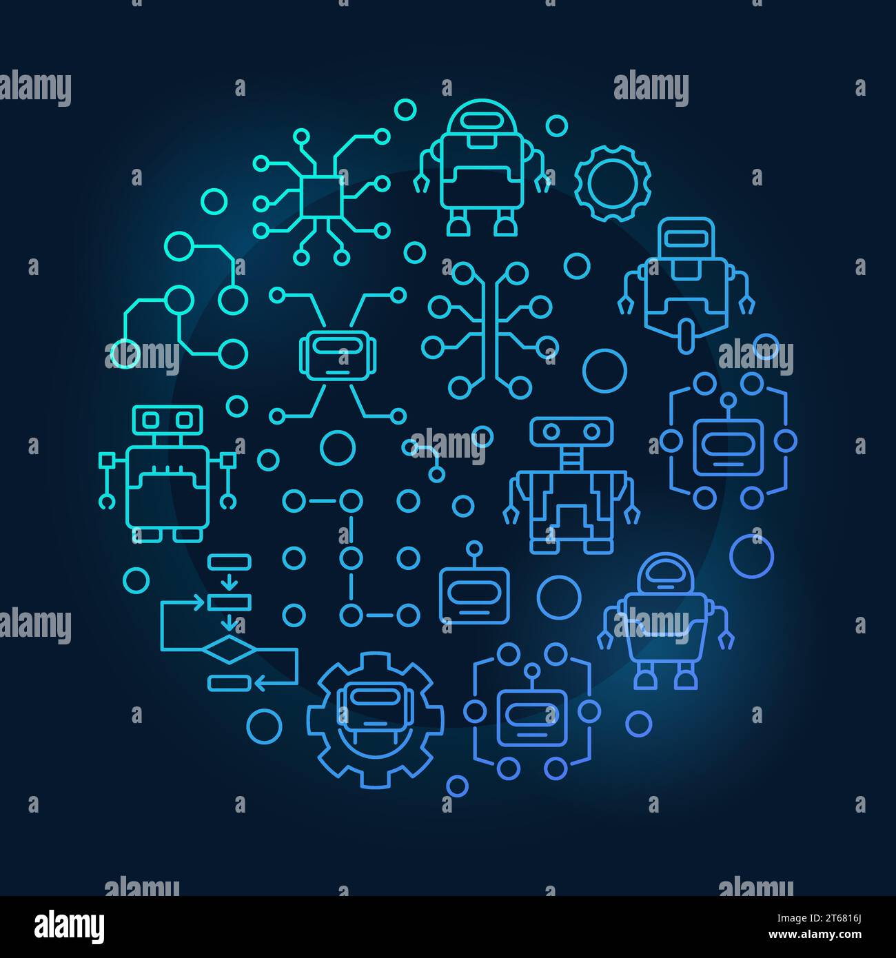 Robots and AI round blue illustration. Vector circular colorful symbol ...