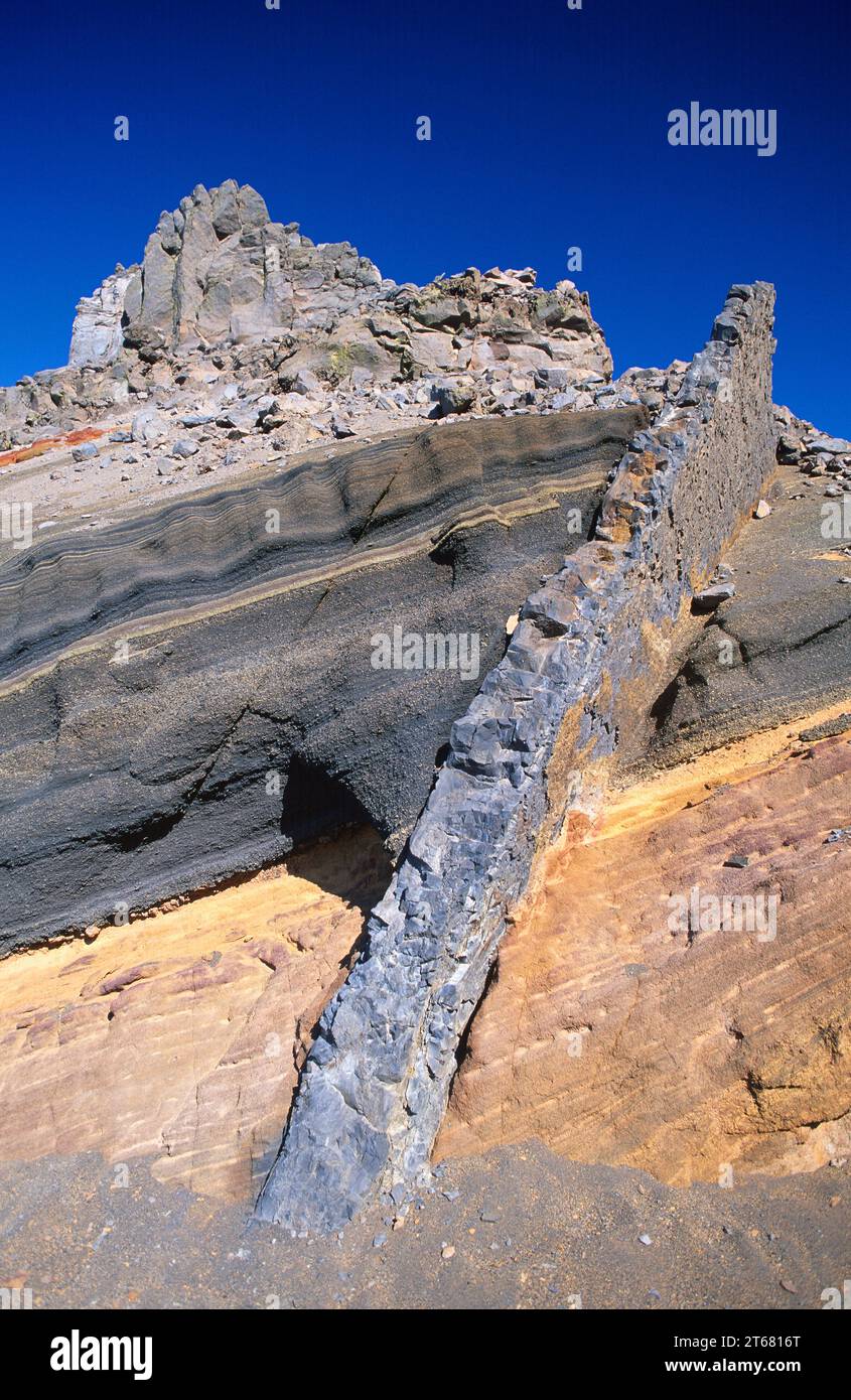 Volcanic dike crossing pyroclastic strata. La Palma Island, Canary ...