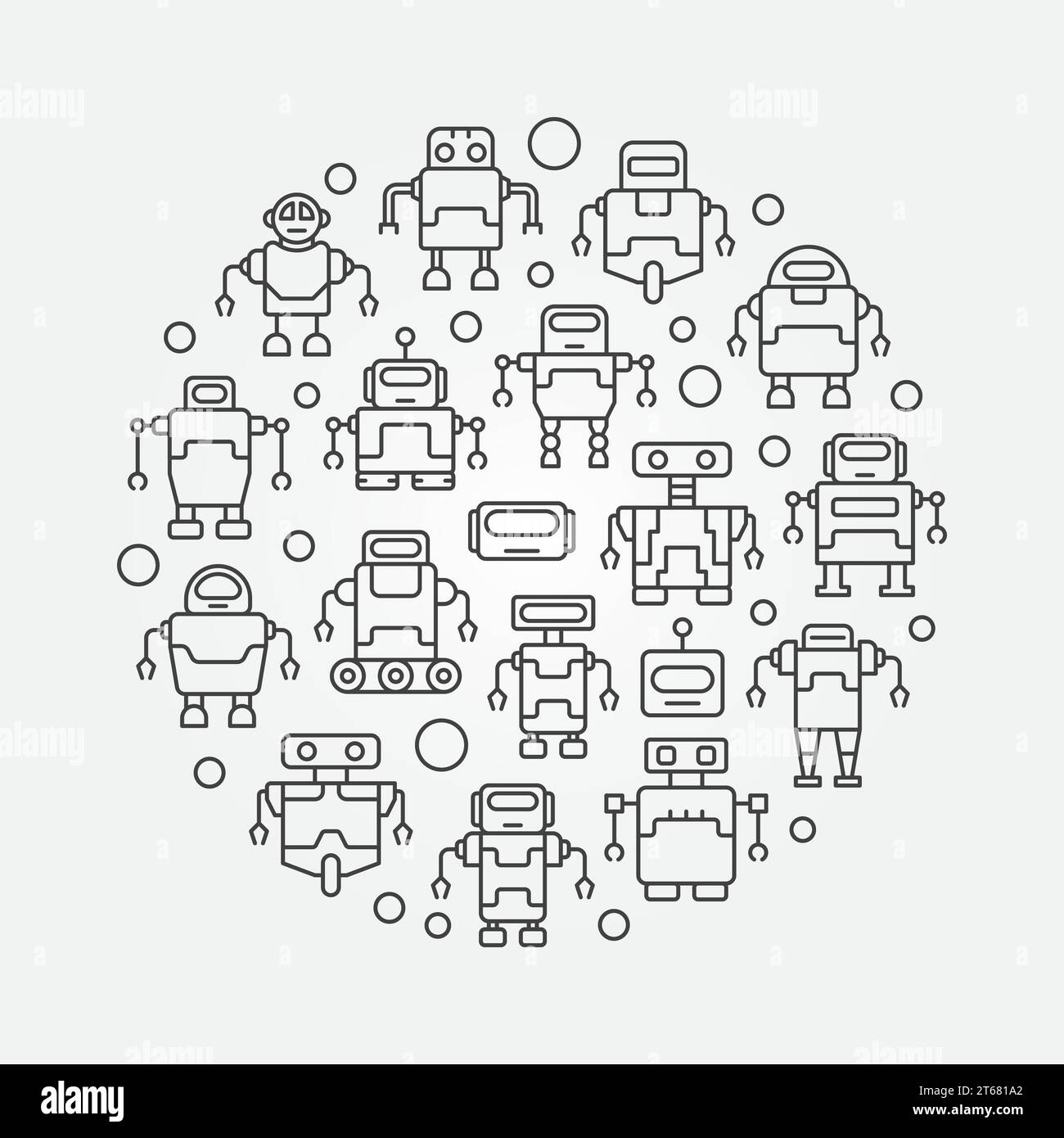 Robots round illustration. Vector circular symbol made with outline ...