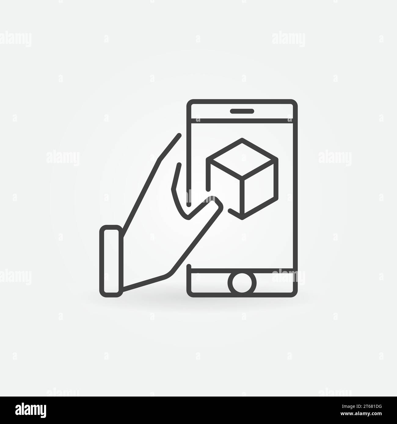Hand holding smartphone with cube inside icon. AR vector concept symbol ...