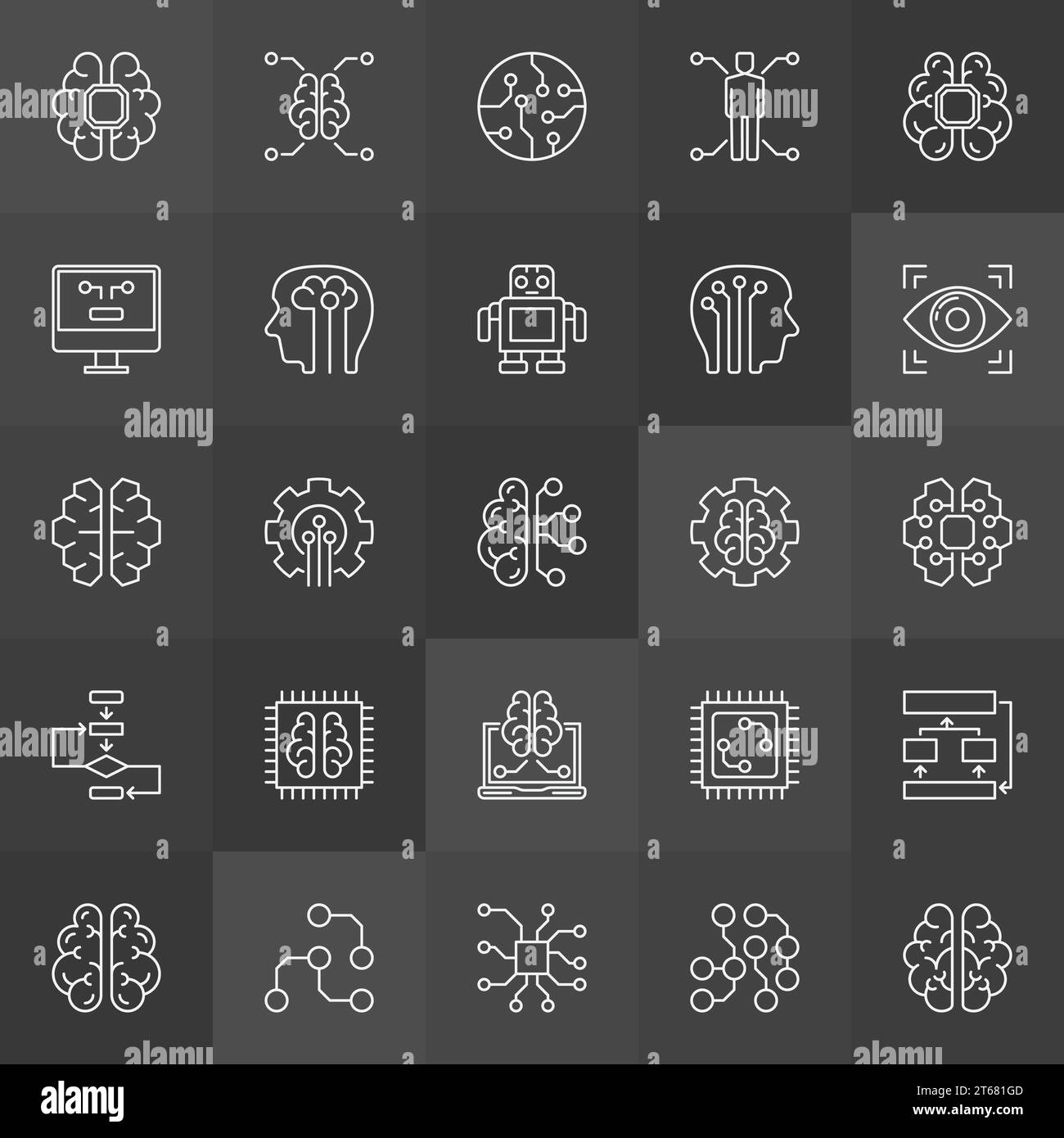 AI icons collection - vector artificial intelligence concept linear symbols on dark background ...