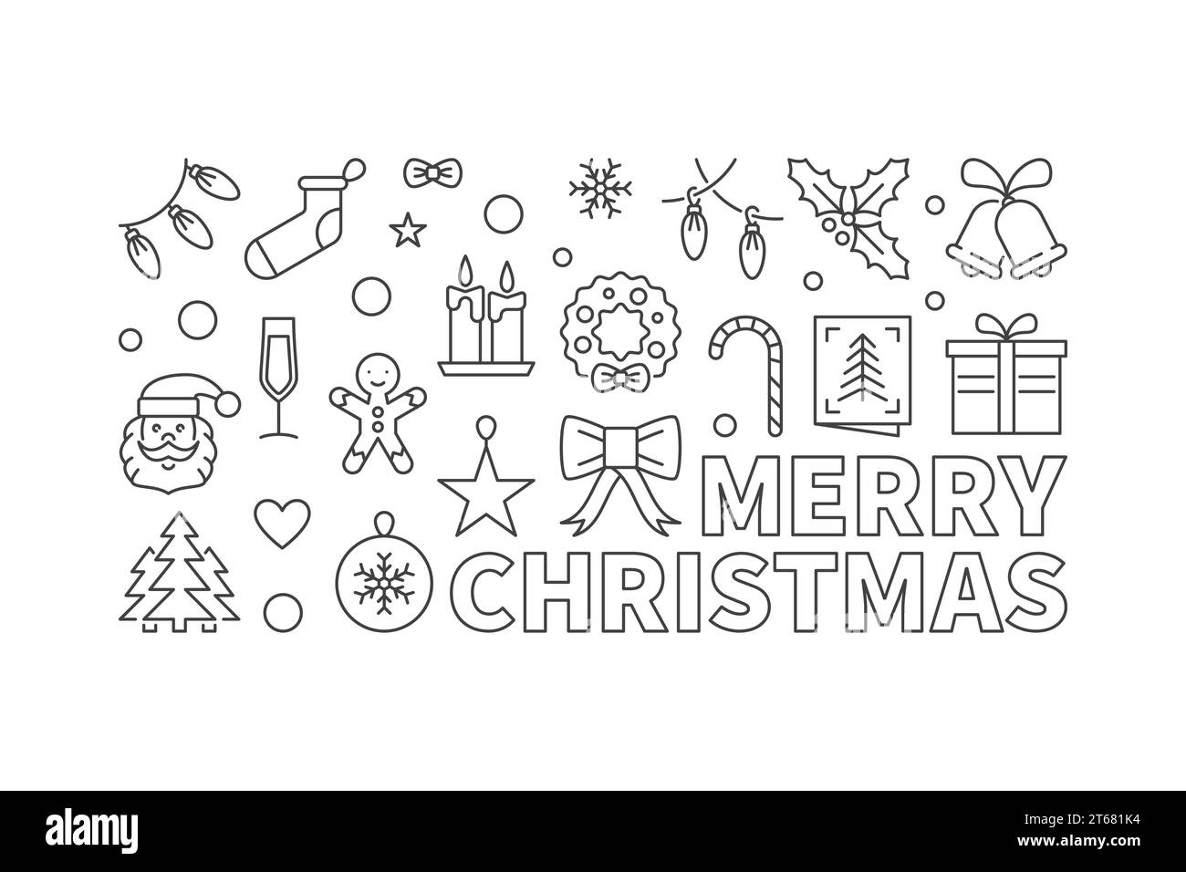 Merry Christmas vector linear horizontal banner. Xmas minimal ...