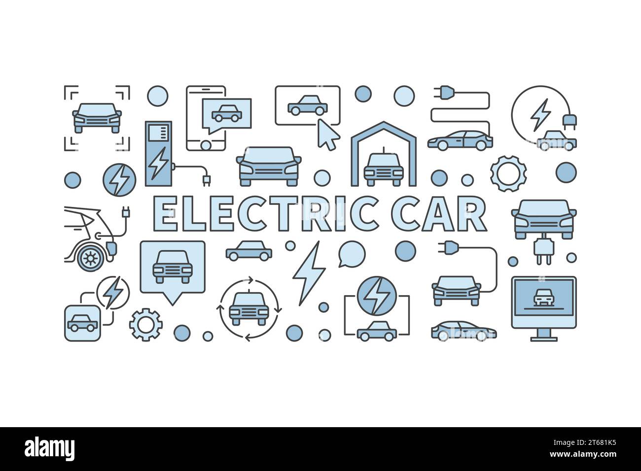 Electric car blue horizontal illustration or EV concept banner on white ...
