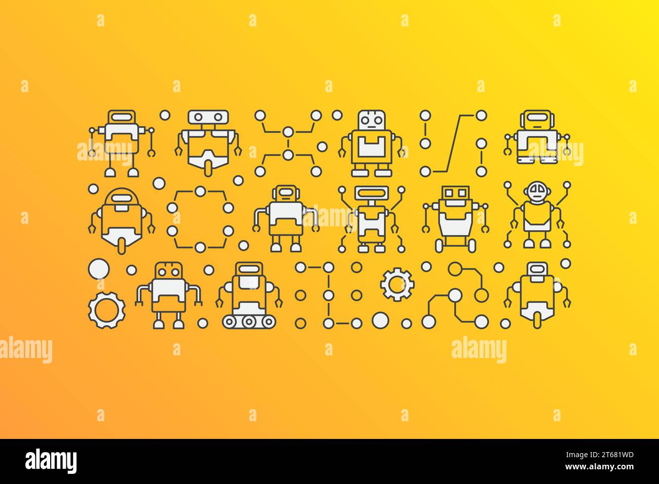 Vector horizontal banner with robot icons on yellow background. Robots ...