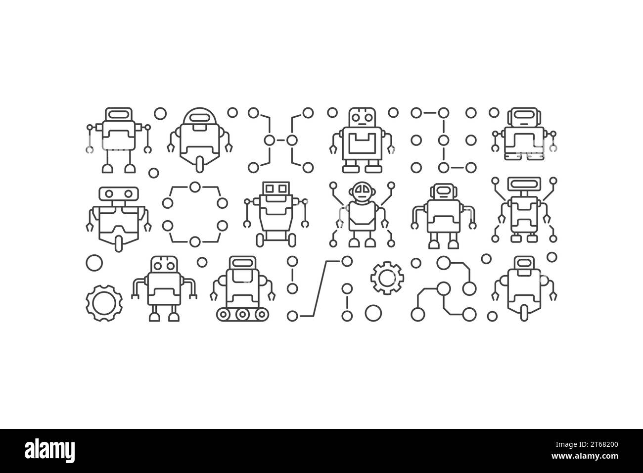 Robots vector horizontal banner or illustration in thin line style on ...