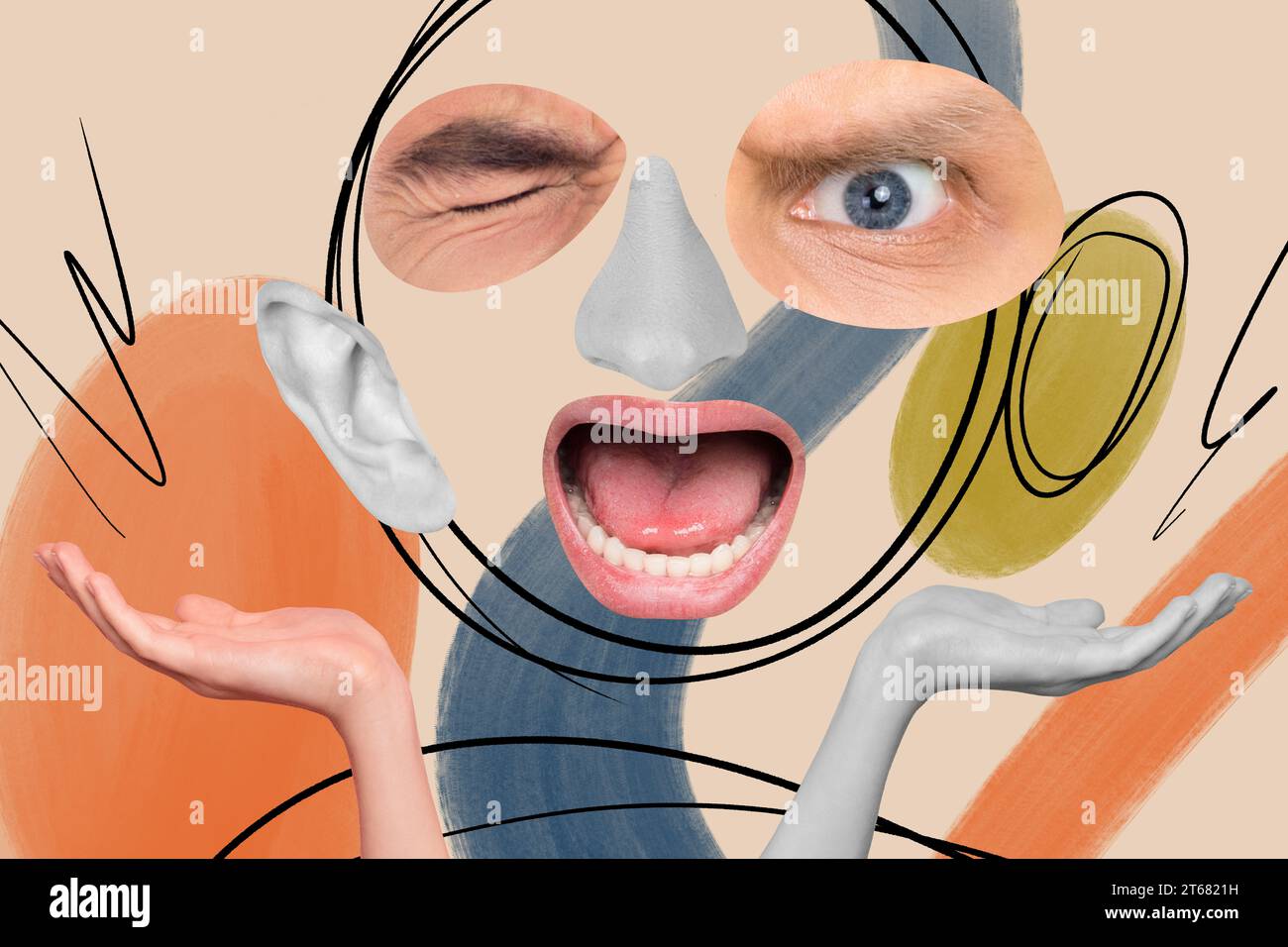 Creative graphics collage painting of impressed face elements guy ...