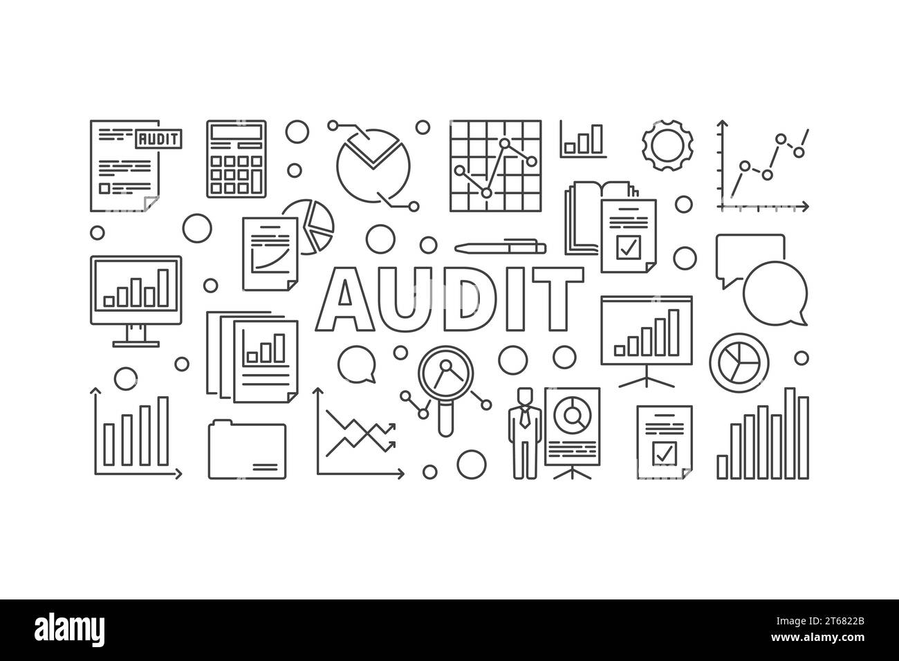 Audit horizontal vector banner or illustration made with data analysis and graph line icons ...