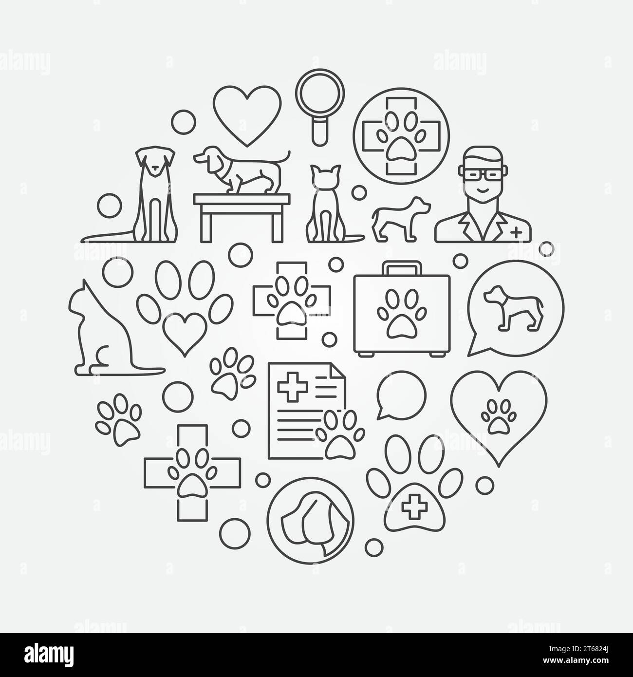 Veterinary vector round illustration made with linear icons. Thin line ...