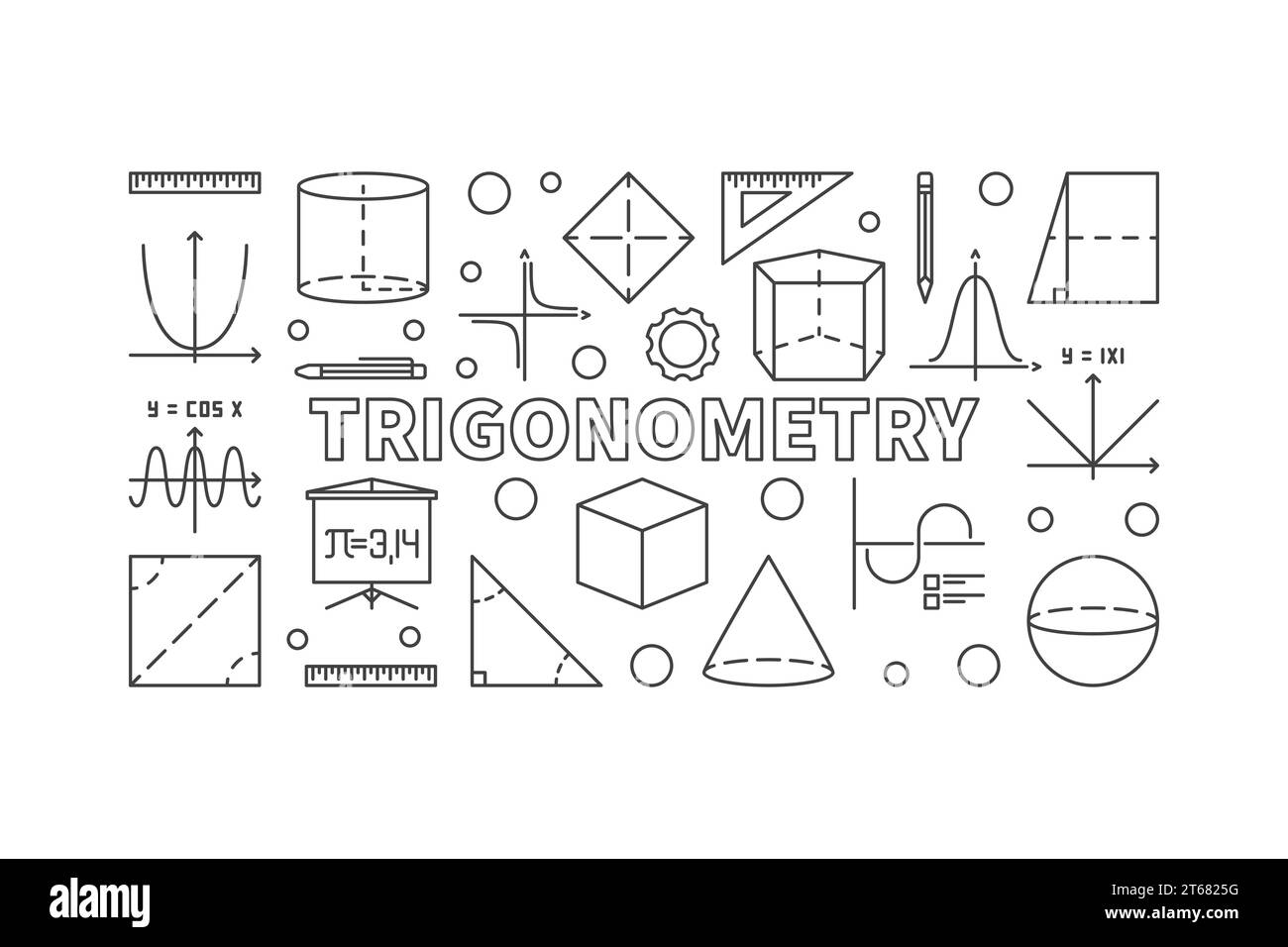 Trigonometry vector horizontal banner or illustration in thin line ...