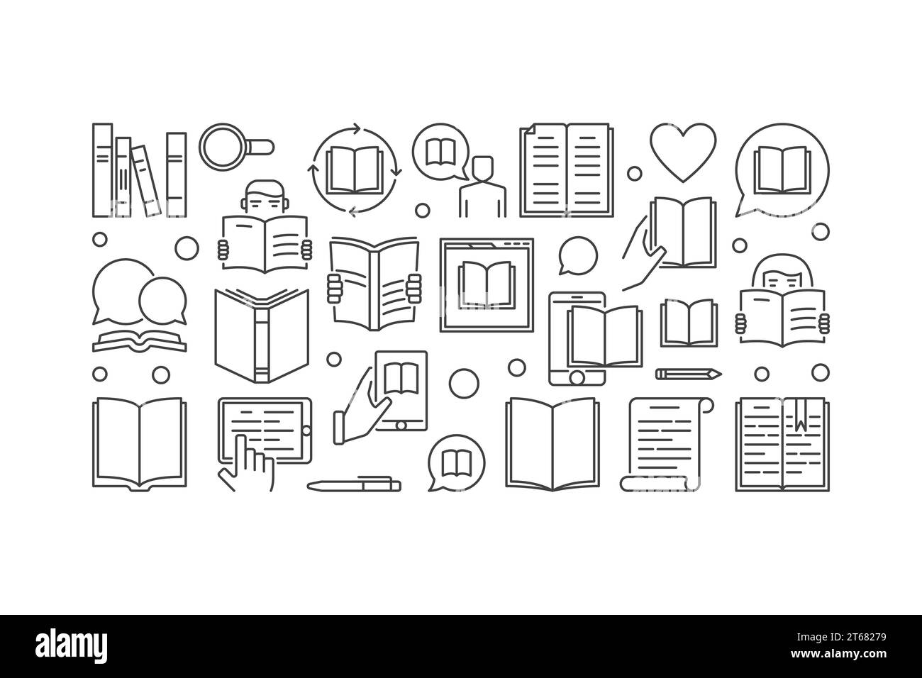 Reading vector linear illustration. Read a book concept banner in thin ...