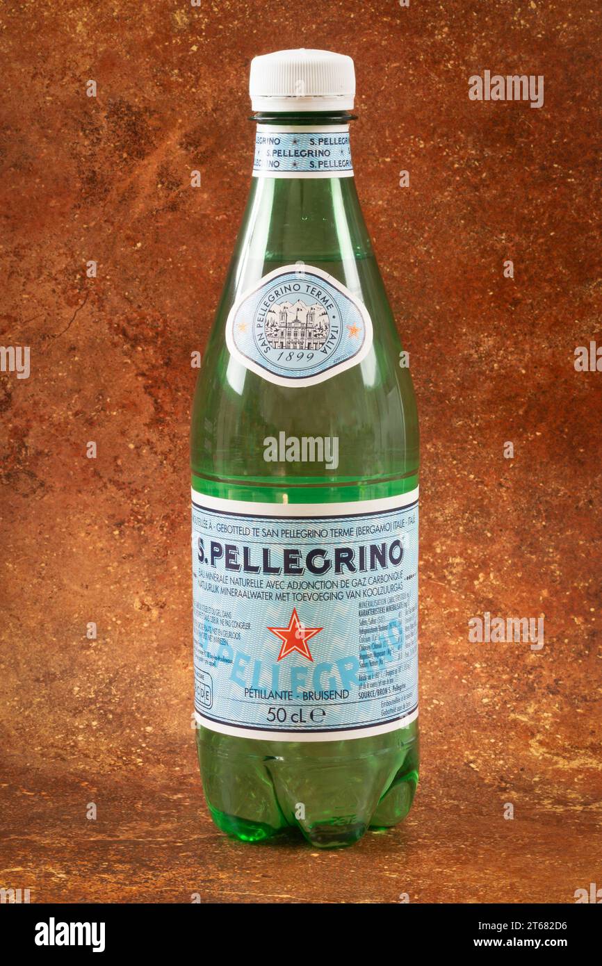50 cl plastic bottle of San Pellegrino brand sparkling water close-up ...