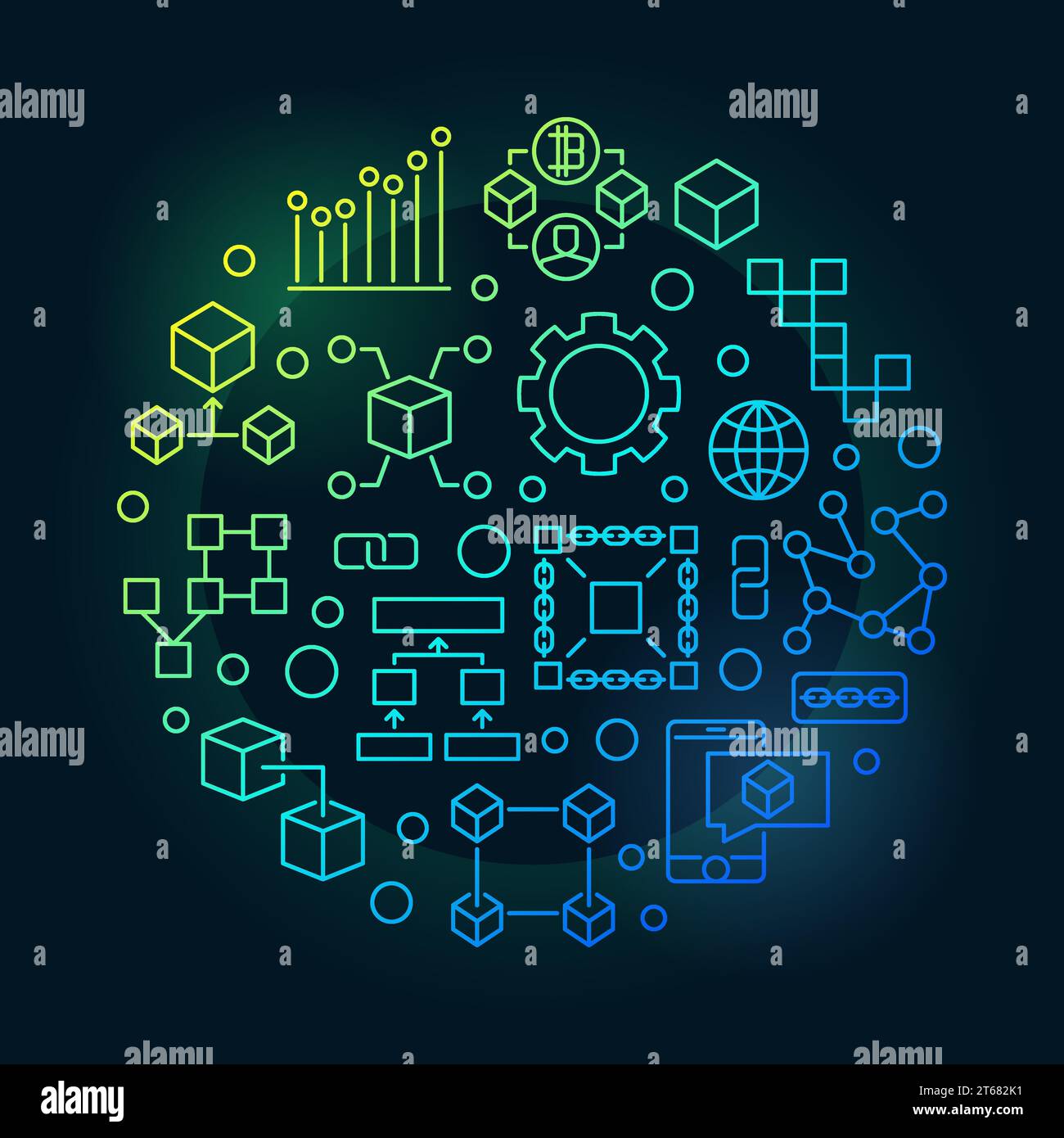Colorful blockchain vector round modern illustration in thin line style ...