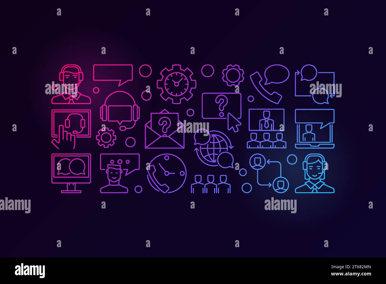 Colorful customer service and support vector outline horizontal banner ...