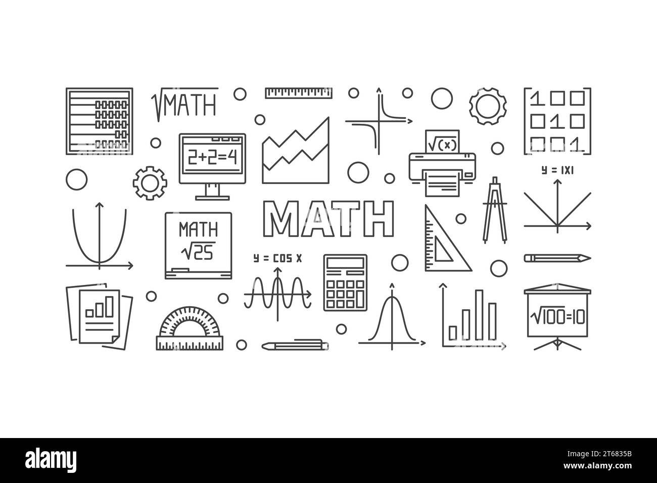 Math vector concept horizontal banner or illustration in thin line ...