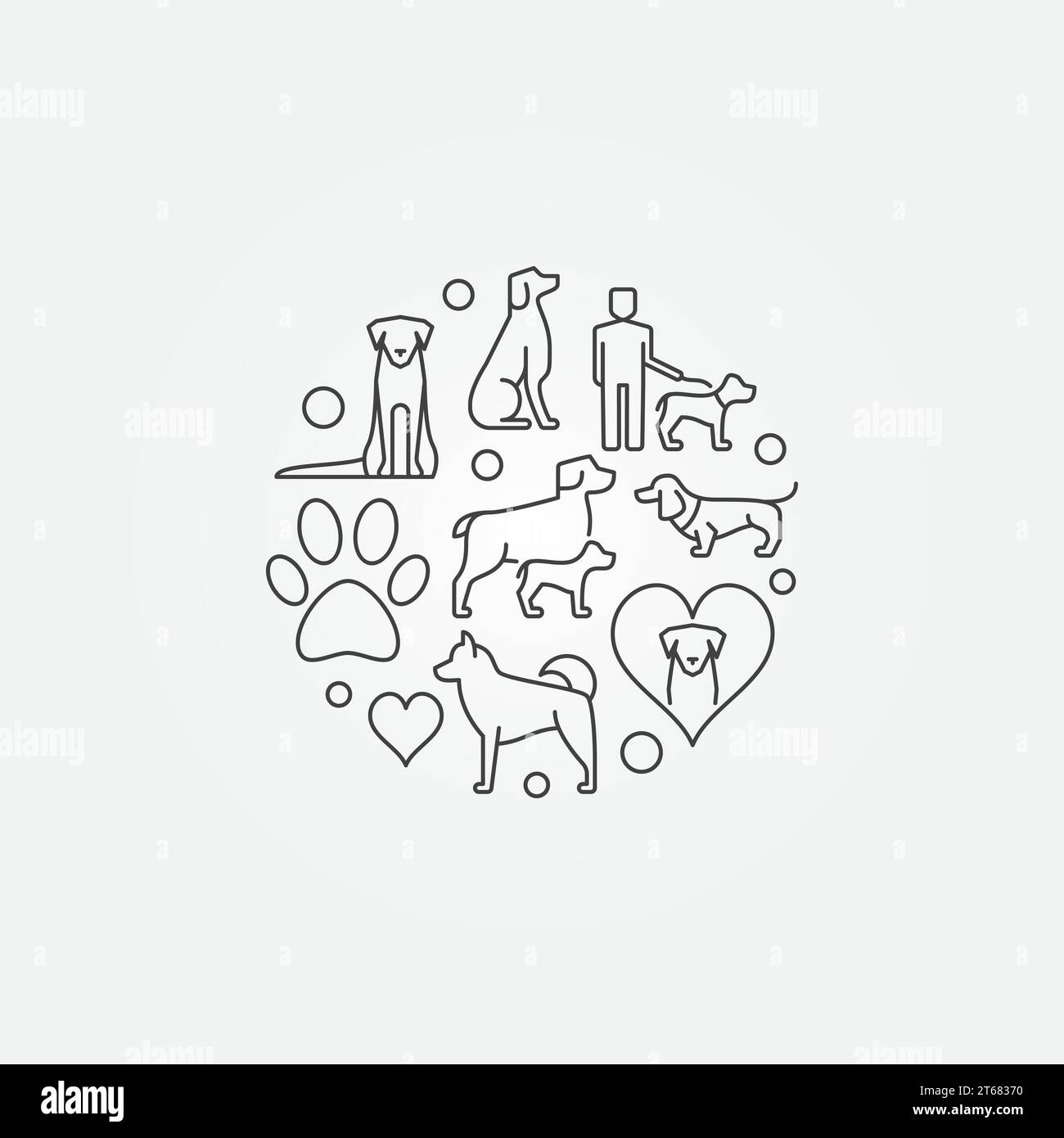 Cute round illustration with dog icons - vector outline symbol Stock ...