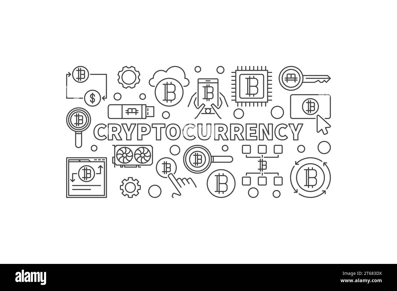 Cryptocurrency vector linear illustration. Digital money concept banner in thin line style Stock ...