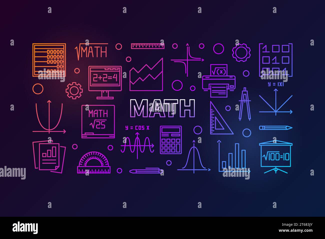 Math vector colorful horizontal banner or illustration in thin line ...