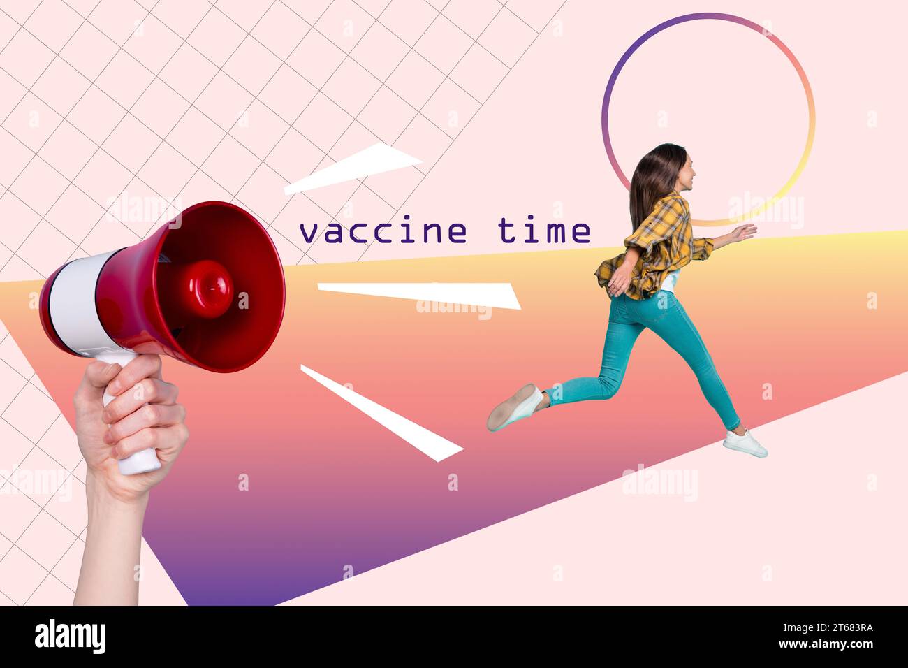 Artwork magazine collage picture of hand arm rising bullhorn announcing ...