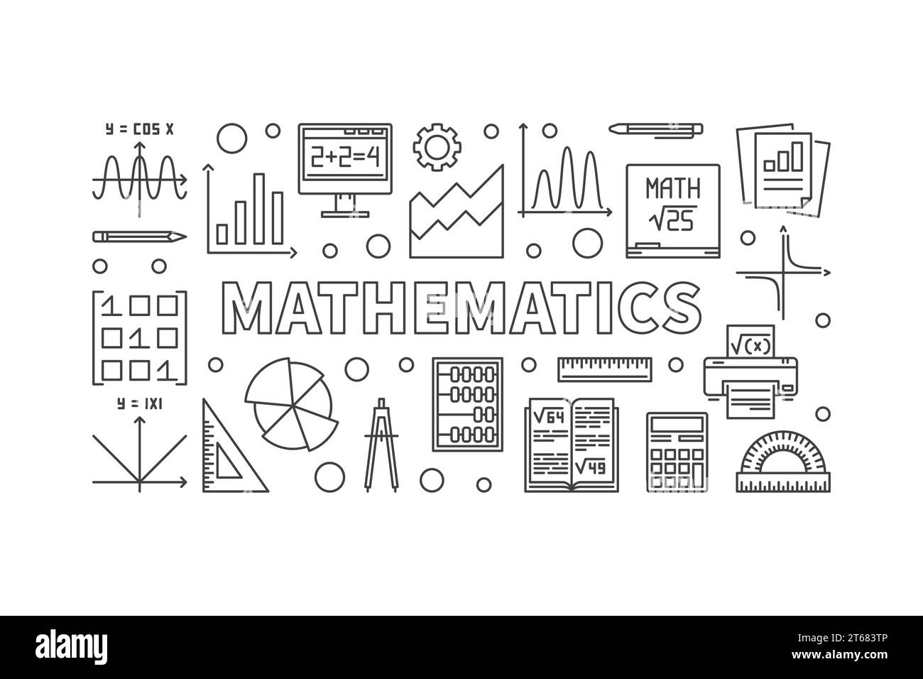 Mathematics vector line horizontal banner or illustration on white ...