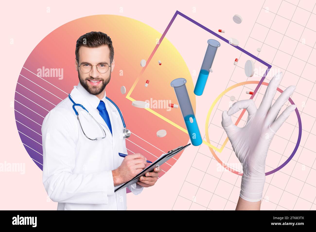 Creative composite photo illustration collage of pleasant doctor hold ...