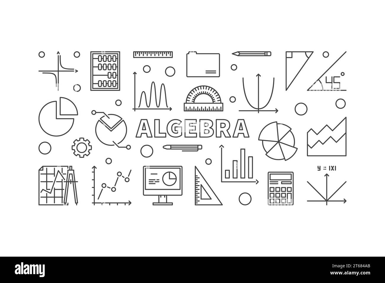 Algebra vector horizontal banner or illustration in thin line style on ...